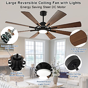 Depuley 60" Ceiling Fan with Lights and Remote Control, Farmhouse Large Ceiling Fan, Reversible Motor and 8 Blades, 3CCT Selectable for Living Room Basement Porch Patio, 5-Speed Remote Control, Timer