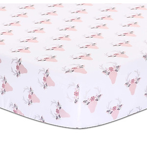 The Peanutshell Pink Woodland Floral Crib Bedding Set for Baby Girls - Crib Quilt, Fitted Sheet, Dust Ruffle Included