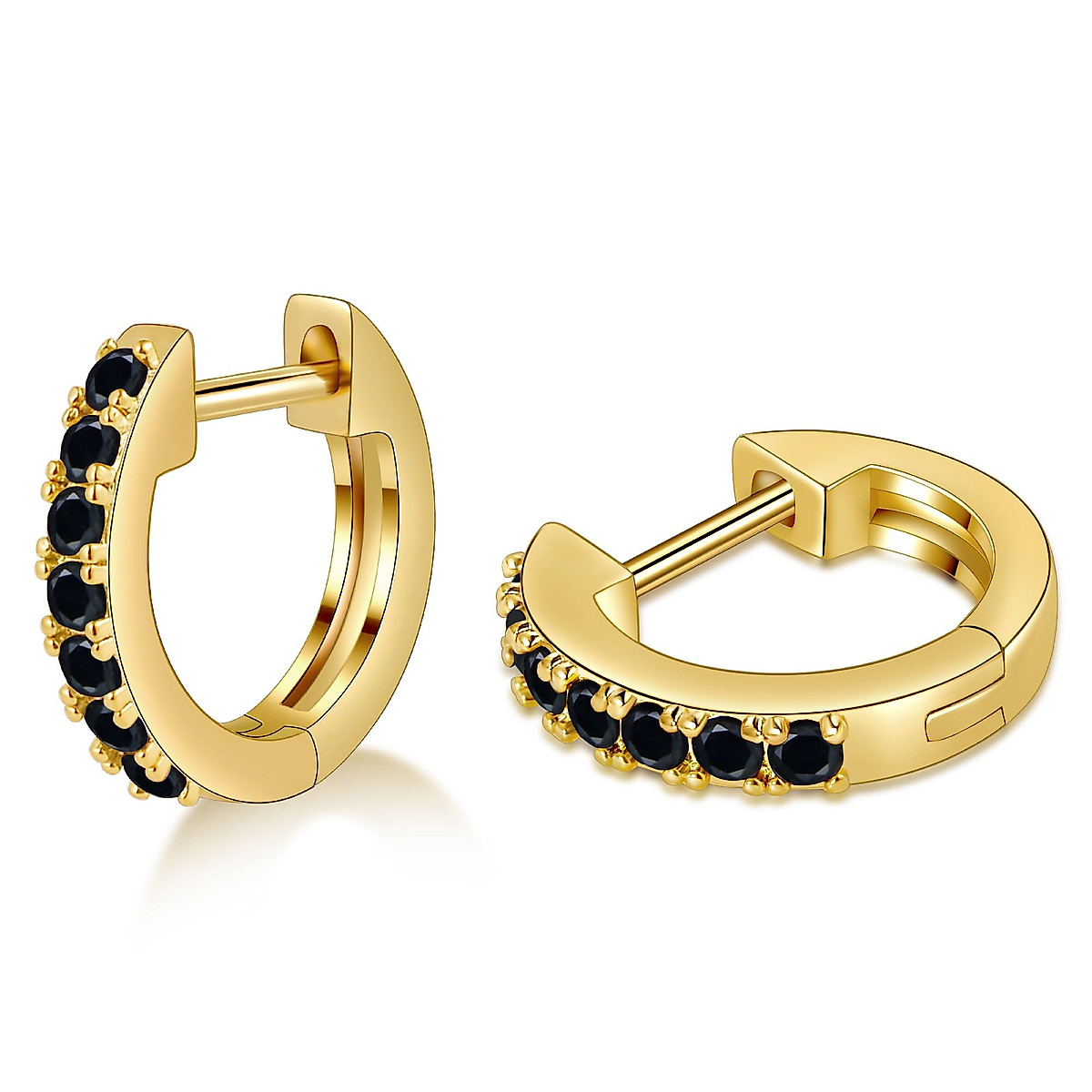 Gacimy Gold Huggie Earrings for Women 14K Real Gold Plated with Black Cubic Zirconia, Small Gold Hoop Earrings Cartilage Cuffs for Women, Black 1/2 Inch