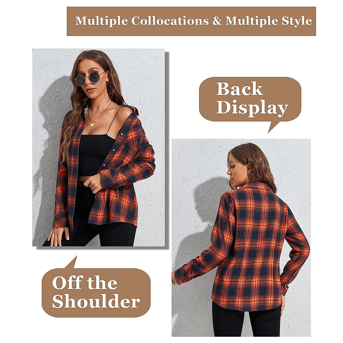 Deer Lady Plaid Flannel Shirts for Women Buffalo Plaid Shirts Oversized Long Sleeve Casual Button Down Blouse Top Orange 3X
