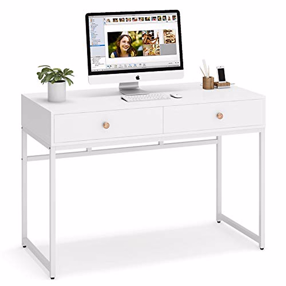 Tribesigns Computer Desk, Modern Simple 47 inch Home Office Desk Study Table Writing Desk with 2 Storage Drawers, Makeup Vanity Console Table White