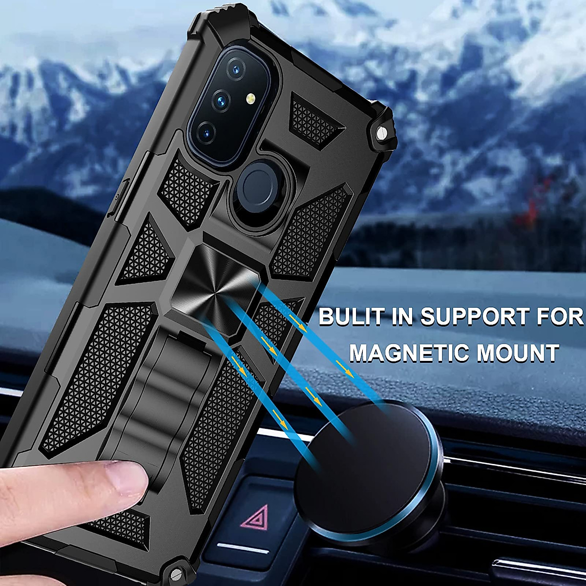 Ailiber Compatible with OnePlus Nord N100 Case with Screen Protector, for Magnetic Car Mount, Kickstand Holder, Rugged Shockproof Bumper Military Grade Armor Protective Cover 1+Nord N100-Black