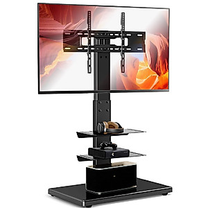 YOMT Floor TV Stand with Sturdy Wood Base, Tall Universal TV Stand with Mount for Most 32-75 inch TVs up to 110 lbs, Height Adjustable TV Stand with Swivel, TV Mount Stand with Media Shelves, Black