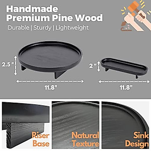 FERAHI Black Decorative Trays, 2 Pcs Black Trays for Coffee Table, Round Wood Serving Tray, Black Vanity Tray for Bathroom, Wood Riser for Kitchen, Black Tray Decor, Modern Farmhouse Decor