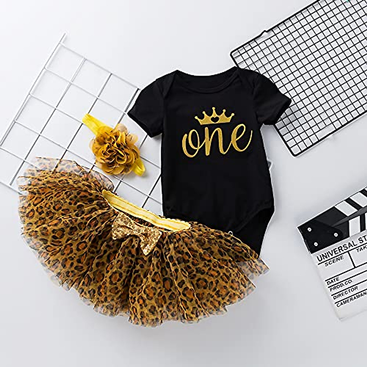 LATOBREATH Baby Girl One Year Old First Birthday Romper Outfits Set Leopard Tutu Skirt Set Party Dress Clothes(12-18 Months)