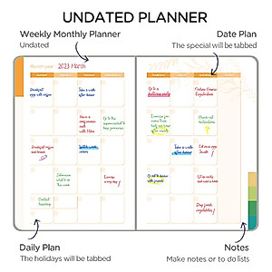 Undated Academic Weekly and Monthly Planner for 2023, 2024 and 2025, 5.75"x 8.2" 12 Month Spiral Planner with Tabs, Thick Paper, Twin-Wire Binding, Inner Pocket, 4 Sheets Stickers Rainbows