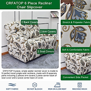CRFATOP Printed Recliner Chair Slipcover with Pockets 2 Seat Recliner Sofa Covers 6-Pieces Lazy Boy Chair Cover Fallon Collection Slipcover for Recliner with Elastic Bottom,01