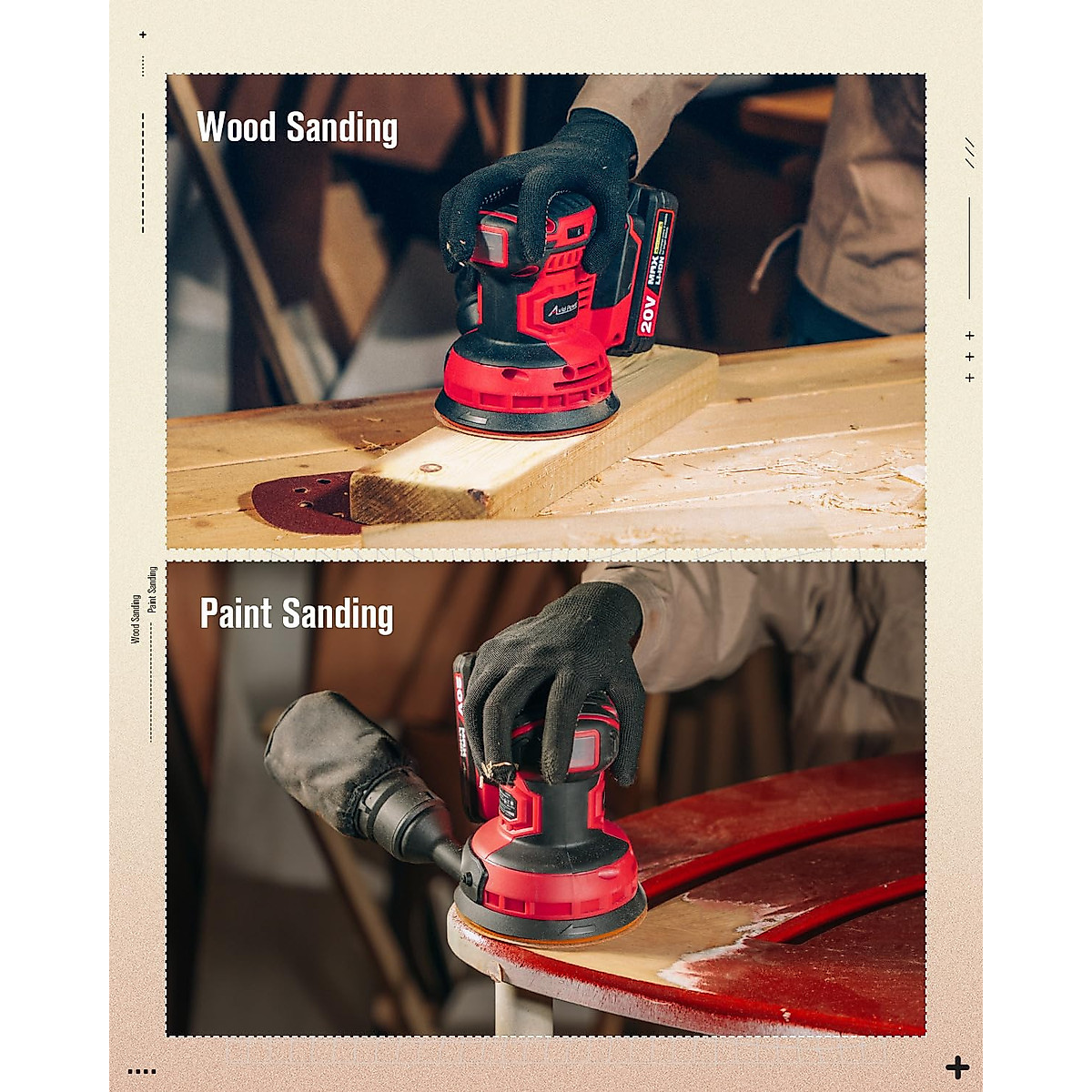 AVID POWER 20V Cordless Orbital Sander 5 Inch Electric Sander Tool with 6 Variable Speeds 7000-11000 RPM Battery Powered Sanders for Woodworking, 30 Pcs Sandpapers and Dust Collection Bag