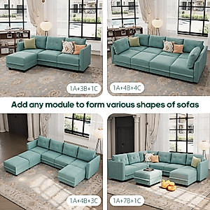 LLappuil Modular Sectional Sofa Faux Leather Fabric Convertible U Shaped Sofa 7 Seater Couch with Storage, Oversized Reversible 112 Inch Sectional Couches for Living Room, Office, Aqua Blue