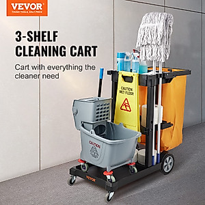 VEVOR Cleaning Cart, 3-Shelf Commercial Janitorial Cart, 200 lbs Capacity Plastic Housekeeping Cart, with 25 Gallon PVC Bag, 47" x 20" x 38.6", Yellow+Black