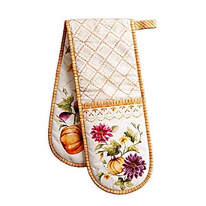Maison d' Hermine Double Oven Gloves 7"x35", 100% Cotton Heat Resistant Oven Mitt Cooking Gloves with Loop, Handling Hot Pan, Pumpkin Garden - Cloudy Cream-Thanksgiving/Christmas