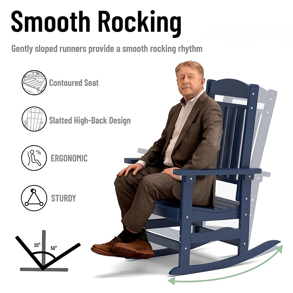 NAVINE Outdoor Rocking Chairs Set of 2, Oversized High Back Patio Rocking Chairs, All Weather Porch Rocking Chairs for Outside. Navy Blue