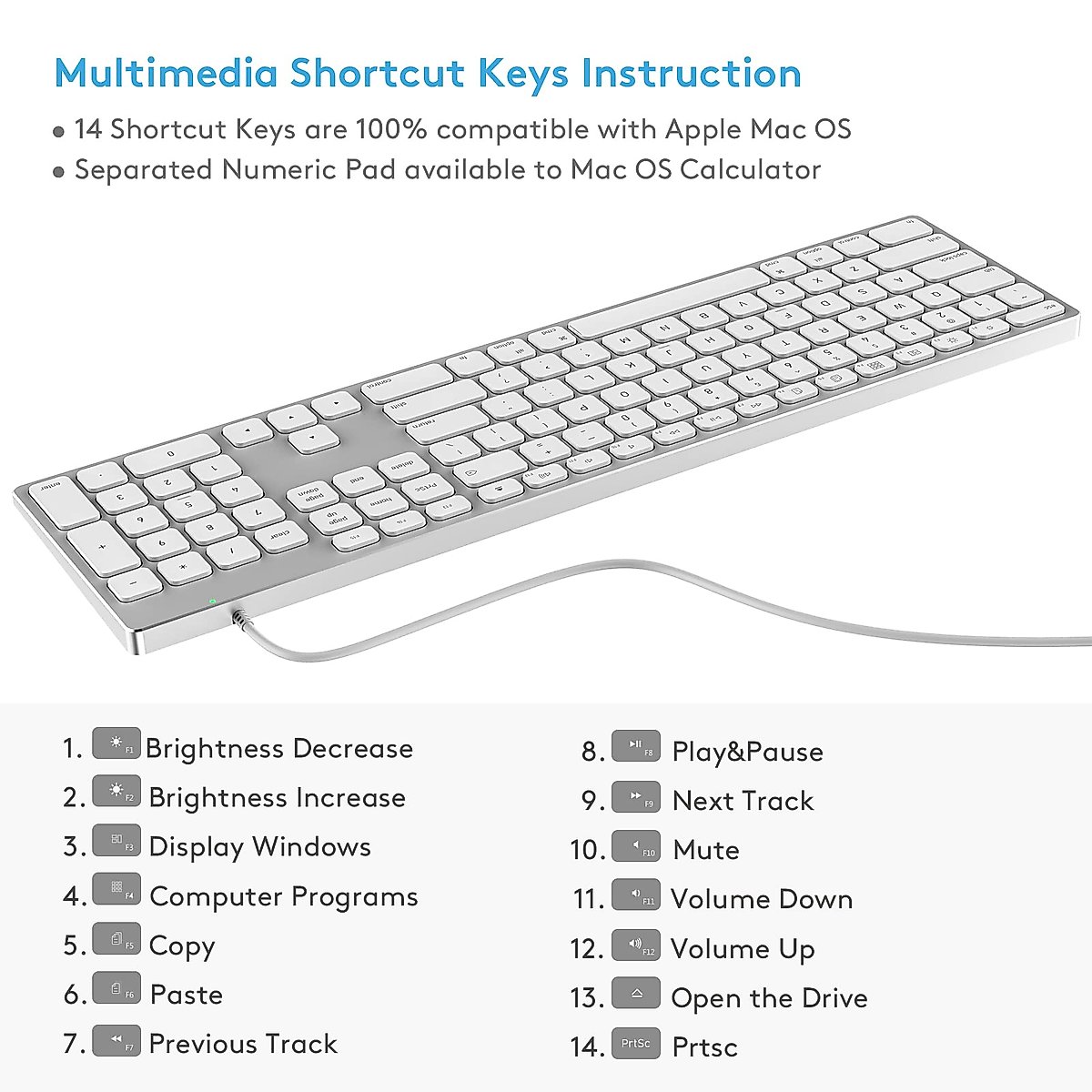 All-Aluminum Wired Keyboard for Apple Mac OS,Plug-n-Play Cable Connection in USB-A+C Port,Full Size USB Keyboard with Numeric Keypad for iMac/Mac Mini or MacBook Pro/Air Laptop