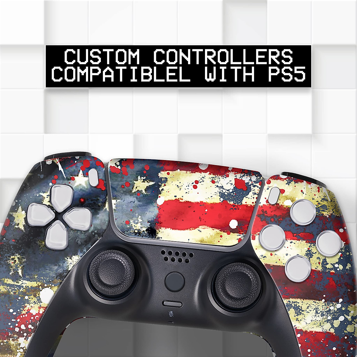 BABY CUDDLE BOX Tattered Flag Custom PS-5 Controller Wireless compatible with Play-Station 5 Console by BCB Controllers | Proudly Customized in USA with Permanent HYDRO-DIP Printing (NOT JUST A SKIN)