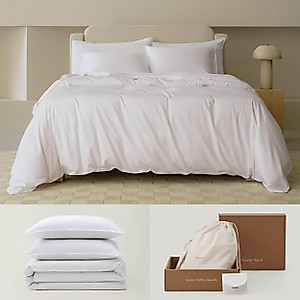 Double Stitch by Bedsure Cotton Tencel Duvet Cover Set - Luxe King Duvet Cover Soft, Textured Bedding Set Eucalyptus Lyocell, Perfect for House Warming Gift, 1 Duvet Cover, 2 Shams, Bright White
