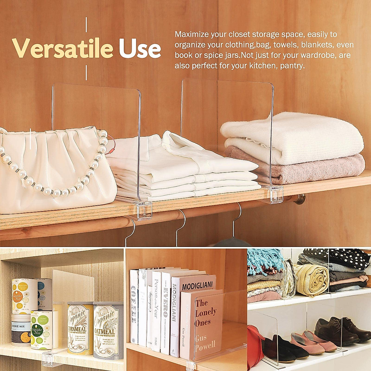 Sclvdi Acrylic Shelf Dividers,8 Pcs Closets Shelf Organizer for Clothing Handbags Books in Pantry, Bedroom and Kitchen, Adjustable Clear Closet Separator Wood Shelves Organize(11.1x 8.1)