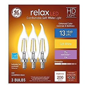 GE Relax 3-Pack 25 W Equivalent Dimmable Soft White Ca11 LED Light Fixture Light Bulb