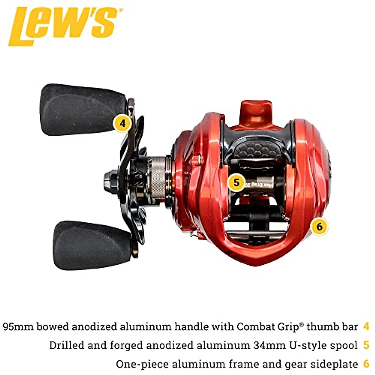Lew's HyperSpeed Series Casting Reel, 9+1 Stainless Steel Ball Bearings, 9.5:1 Gear Ratio, Right-Hand Retrieve, Red