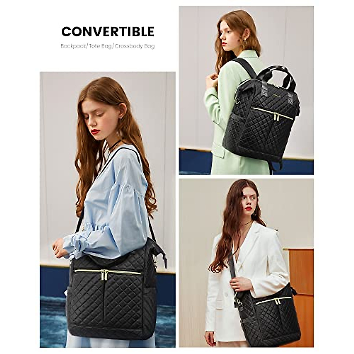 LOVEVOOK Laptop Backpack for Women Wide Open Computer Work Bag Business Travel Backpack Quilted Convertible Tote Backpack Purse 15.6 Inch Teacher Nurse Computer Laptop Bag with USB Port, Black