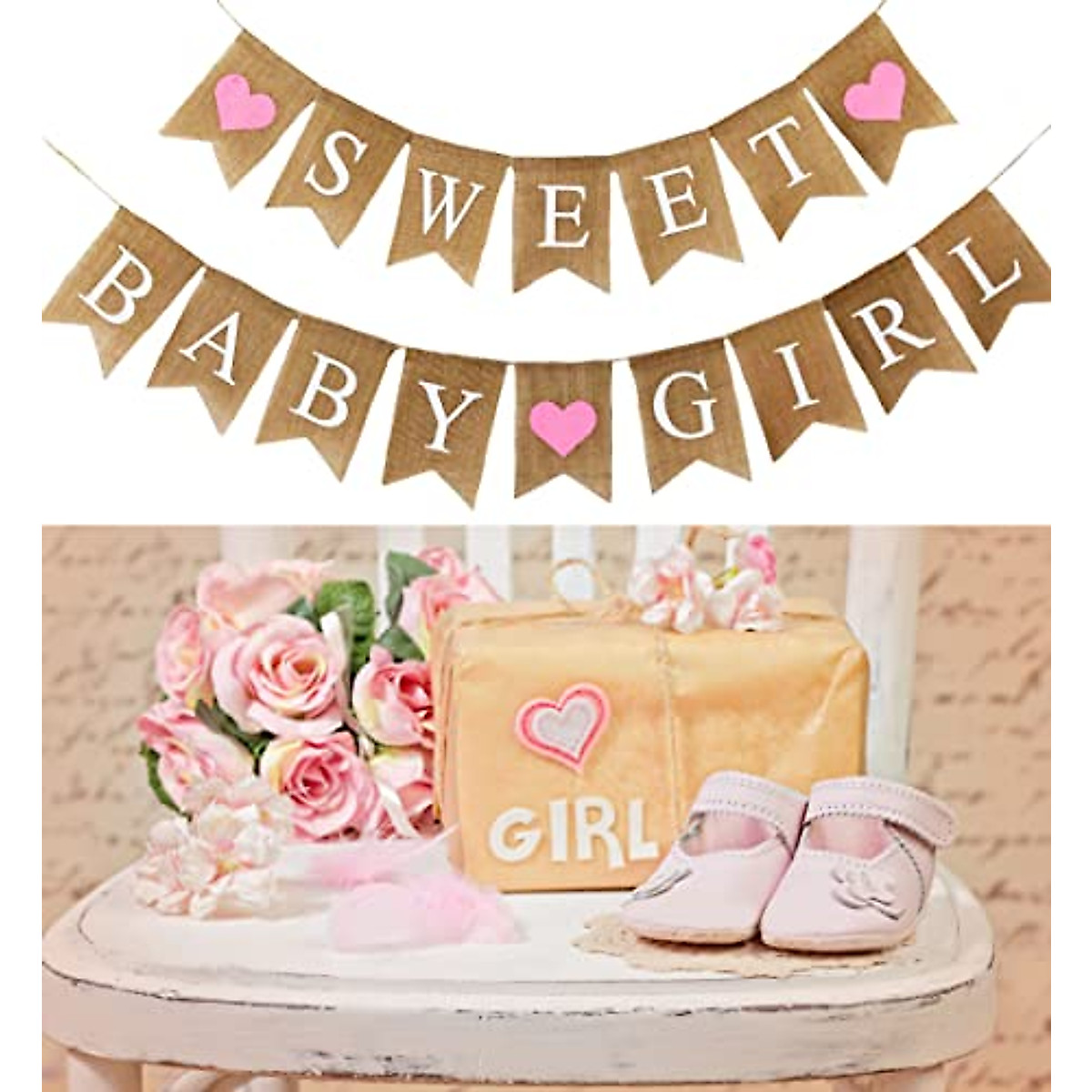 Shimmer Anna Shine Sweet Baby Girl and Gifts Burlap Banner for Baby Shower Decorations and Gender Reveal Party (Pink Hearts)