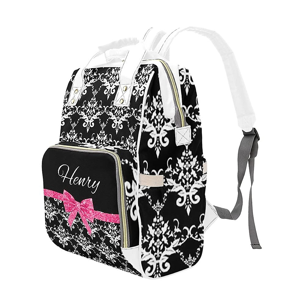 Black White Damask Pink Glitter Bow Diaper Bag Backpack with Name for Men Women Custom Personalized Nursing Baby Bags Shoulders Travel Bag Daypack
