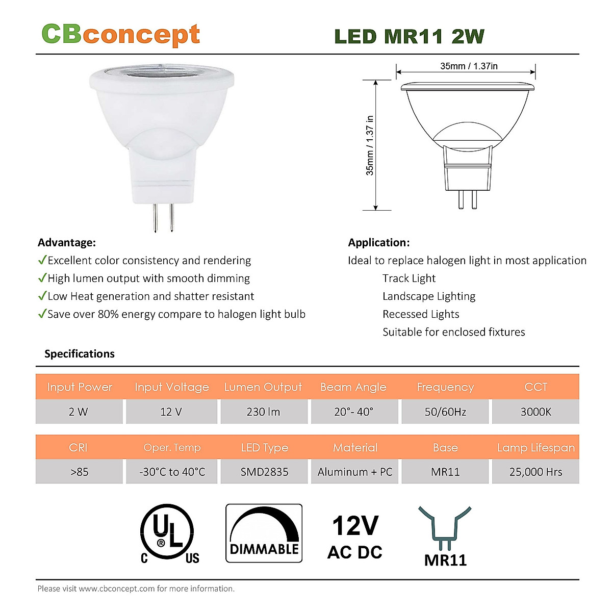 CBconcept UL-Listed MR11 GU4.0 LED Light Bulbs, 10-Pack, 2 Watt, Dimmable 230 Lumen, Warm White 3000K, 36° Beam Angle, 12 Volt, 20W Halogen Bulbs Equivalent,Landscape/Accent/Recessed/Track Lighting