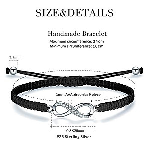 ZENI Infinity Bracelet for Women, Handmade Black Rope Braided Bracelet with 925 Silver Adjustable Bracelet Love Friendship Jewelry Gift