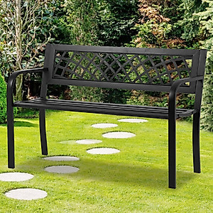 Garden Bench Outdoor Patio Bench Cast Iron Park Bench with Plastic Mesh Backrest & Armrests, 400LB Load Capacity Metal Porch Furniture Loveseat Patio Entryway Seating Antique Finish for Lawn, Black