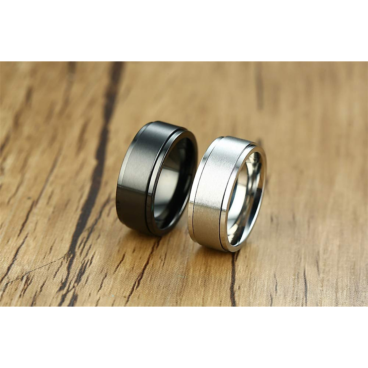 MZZJ Personalized Inside Her Weirdo & His Crazy Couple Ring Set 8MM Black Brushed Stainless Steel Step Edges Fidget Spinner Engagement Ring Wedding Bands