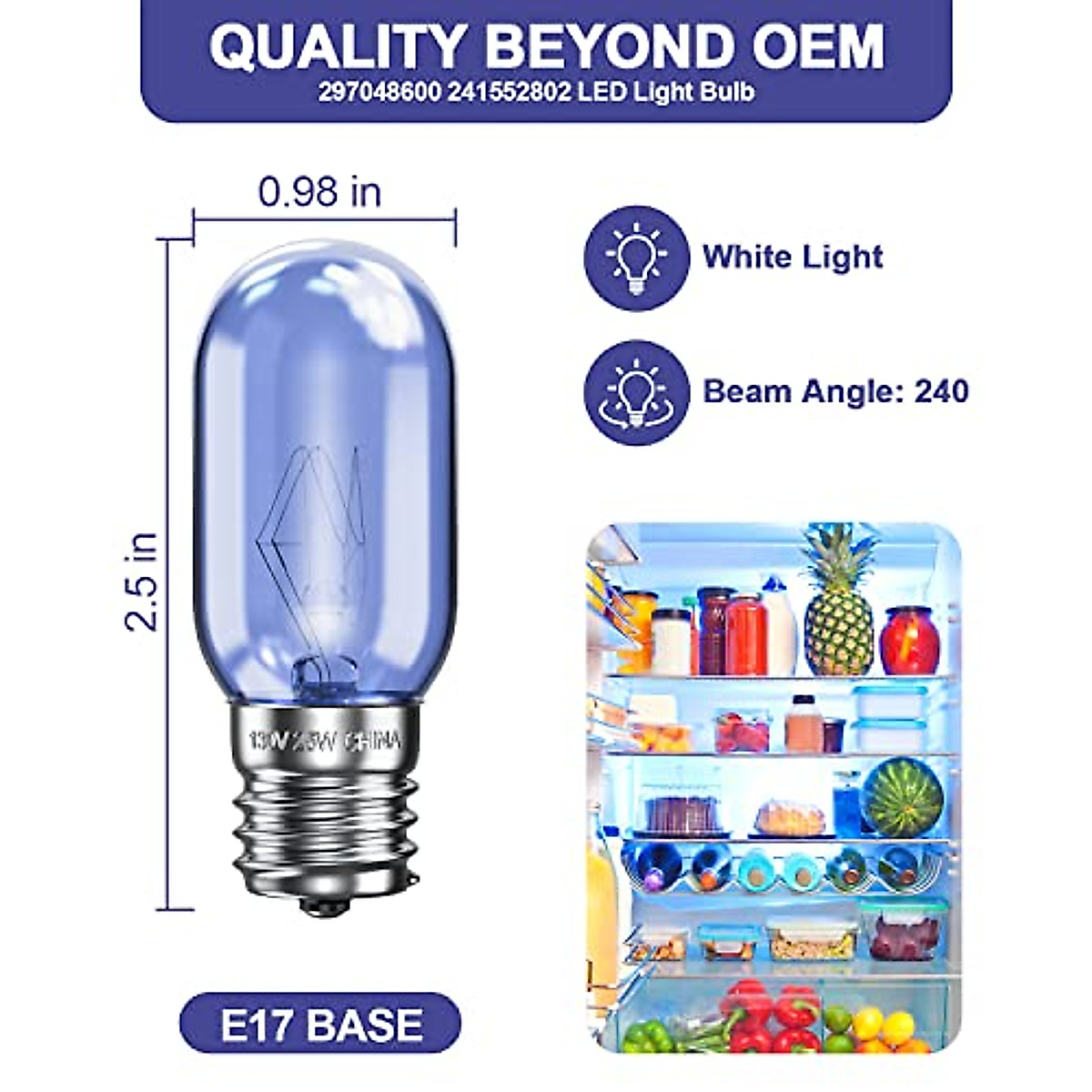 dcosok Refrigerator Light Bulb 40 Watt 297048600 241552802 Compatible with Frigidaire Kenmore Whirlpool Electrolux KitchenAid Fridge Light Bulbs Replacement Freezer Bulb T8 E17 Lamp Light, 2 Pack