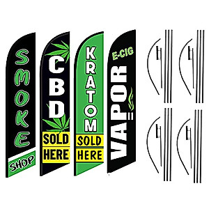 CBD Sold Here Smoke Shop E-Cig Vapor Kratom Advertising Feather Flag Kits Package, Includes 4 Banner Flags, 4 Flag Poles, 4 Ground Stakes