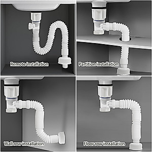 Bathroom Sink Drain Pipe Kit,Bathroom Sink Drain with Strainer Basket Hair Catcher and pop-up Stopper Flexible Sink Drain Pipe P-Trap，Suitable for drains Including for 1-1/4'' & 1-1/2''，RuQiankun