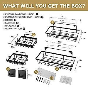 2-pack Shower Self Adhesive Shelf, Shower Caddy Bathroom Shelf with 2 Hooks & 2 Soap Dishs, Wall Mounted Stainless Steel Shower Rack No Drilling Shower Holder Organizer