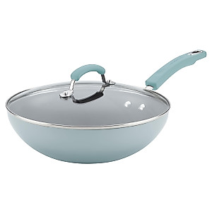 Rachael Ray Classic Nonstick Stir Fry Pan with Glass Lid, 11 Inch - Sky Blue
