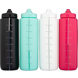 Hydra Cup - 4 PACK - 32oz Squeeze Water Bottles Bulk Set, BPA FREE, For Sports, Cycling, Bike, Quick Squirt Hydration, Shaker Cup Wire Whisk Included