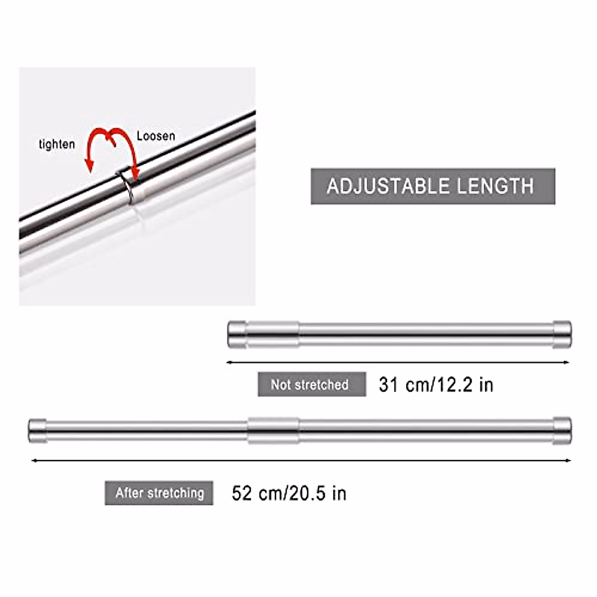 Closet Pole, Closet Rod with Telescopic Adjustment, with Wardrobe Rail Rod Pole Socket and Screws, Clothes Rod for Closet, Suitable for Wardrobes, Cabinets, Bathrooms, Balconies (12.2‘’-20.5‘’)