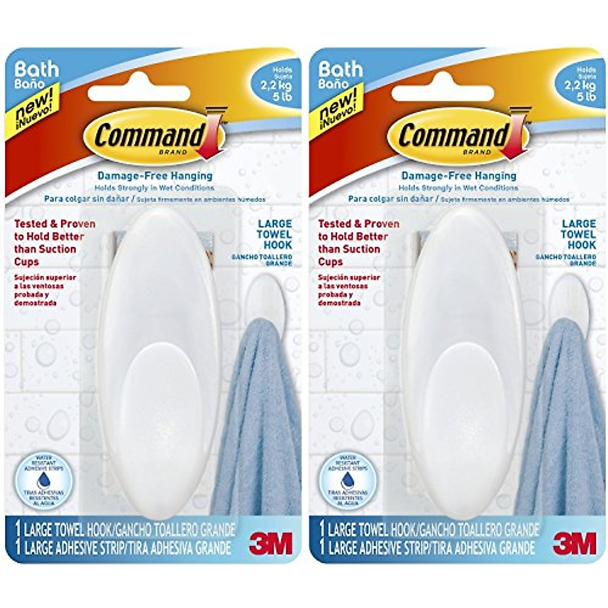 Command Towel Hook, Frosted, 5-Pound Capacity, (Pack of 2)