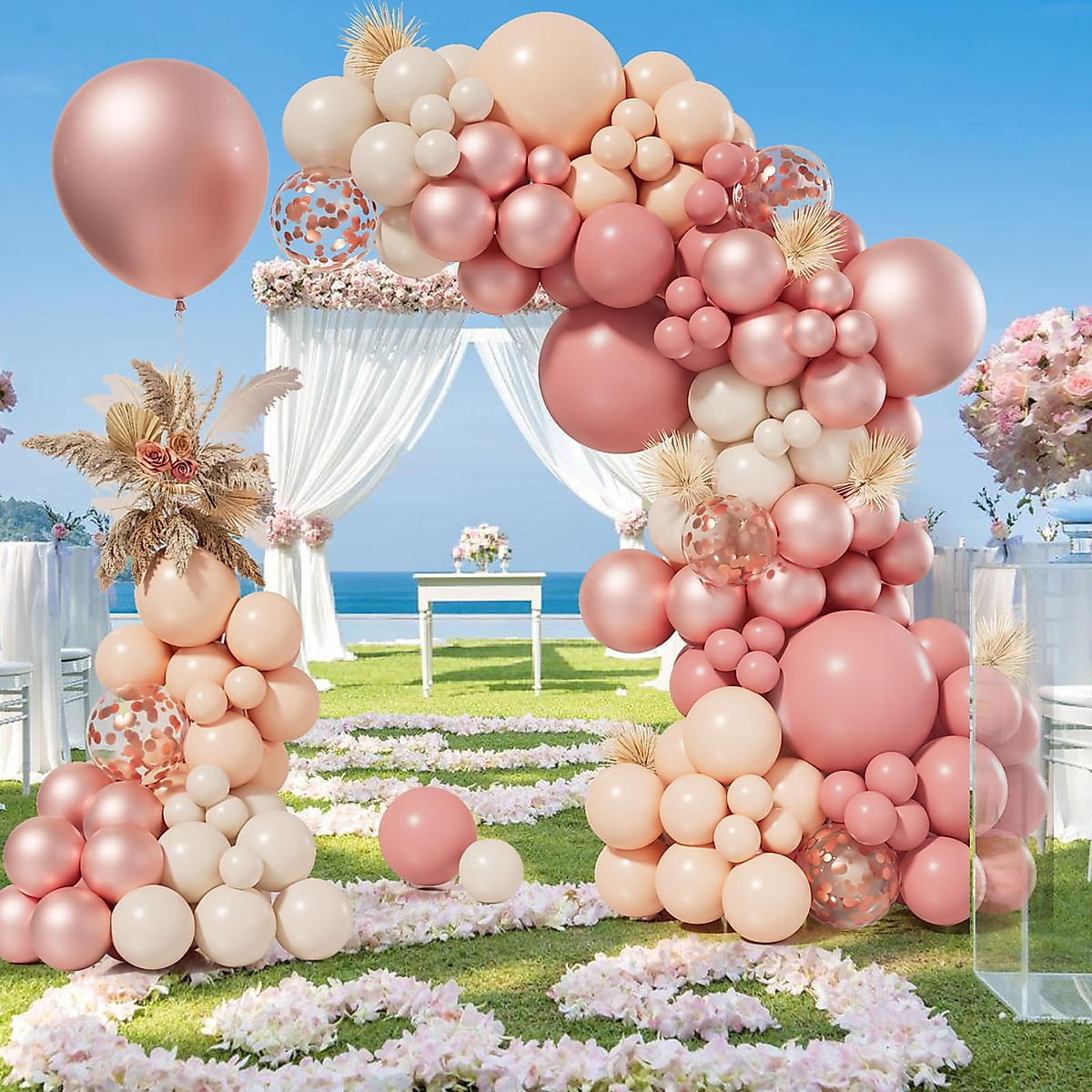 Bonropin 155pcs Blush Pink Balloons Garland Arch Kit with Retro Dusty Pink Pastel Orange Rose Gold Ivory White Confetti Balloons for Baby Shower Garden Party Bachelorette Birthday Wedding Decorations