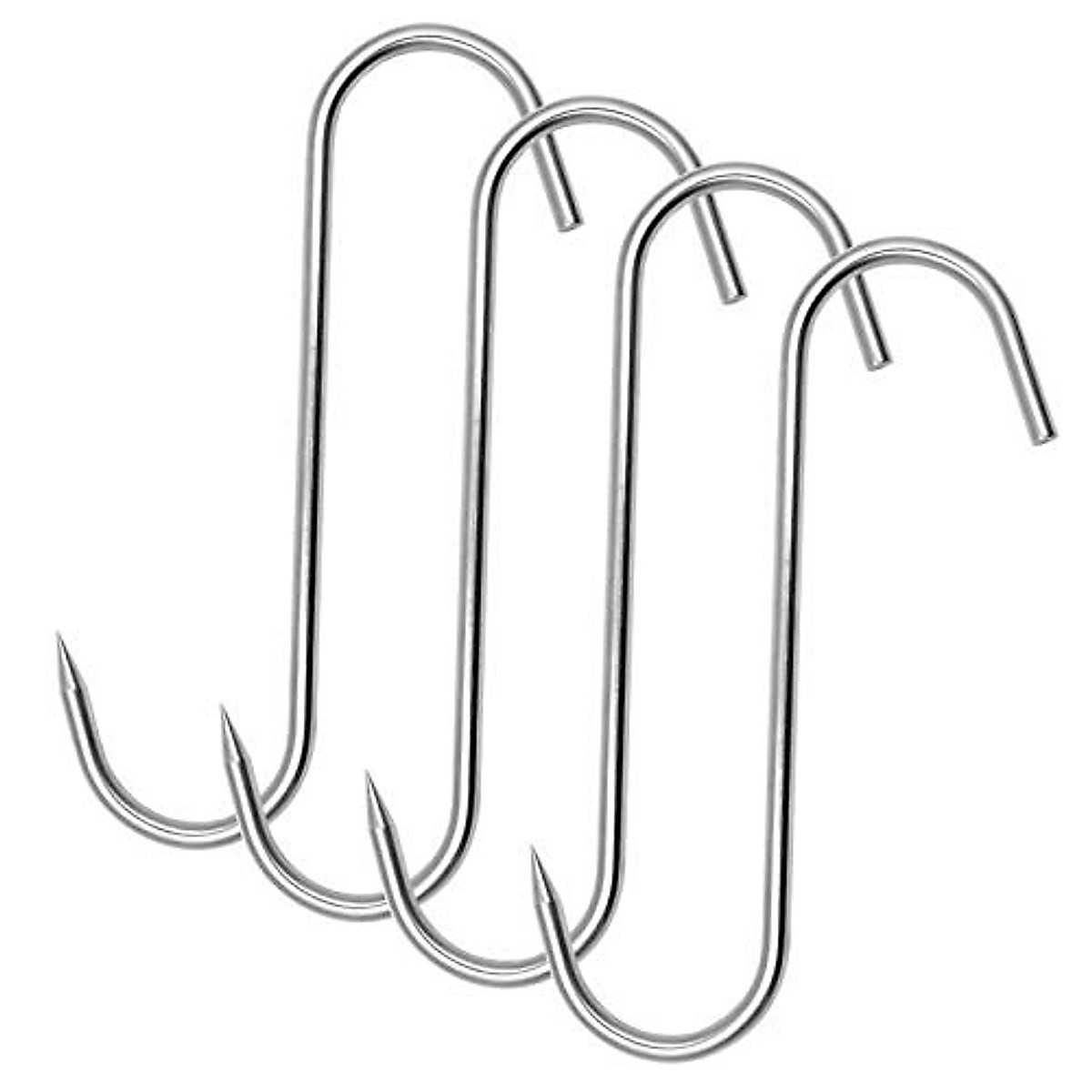 4pc 9" Heavy Duty & Thick ALAZCO Stainless Steel Meat Processing Butcher Hook - Wild Game, Smoking Ribs BBQ Large Fish, Hunting, Carcass Deer Hanging S-Hook Excellent Quality 9mm Thick