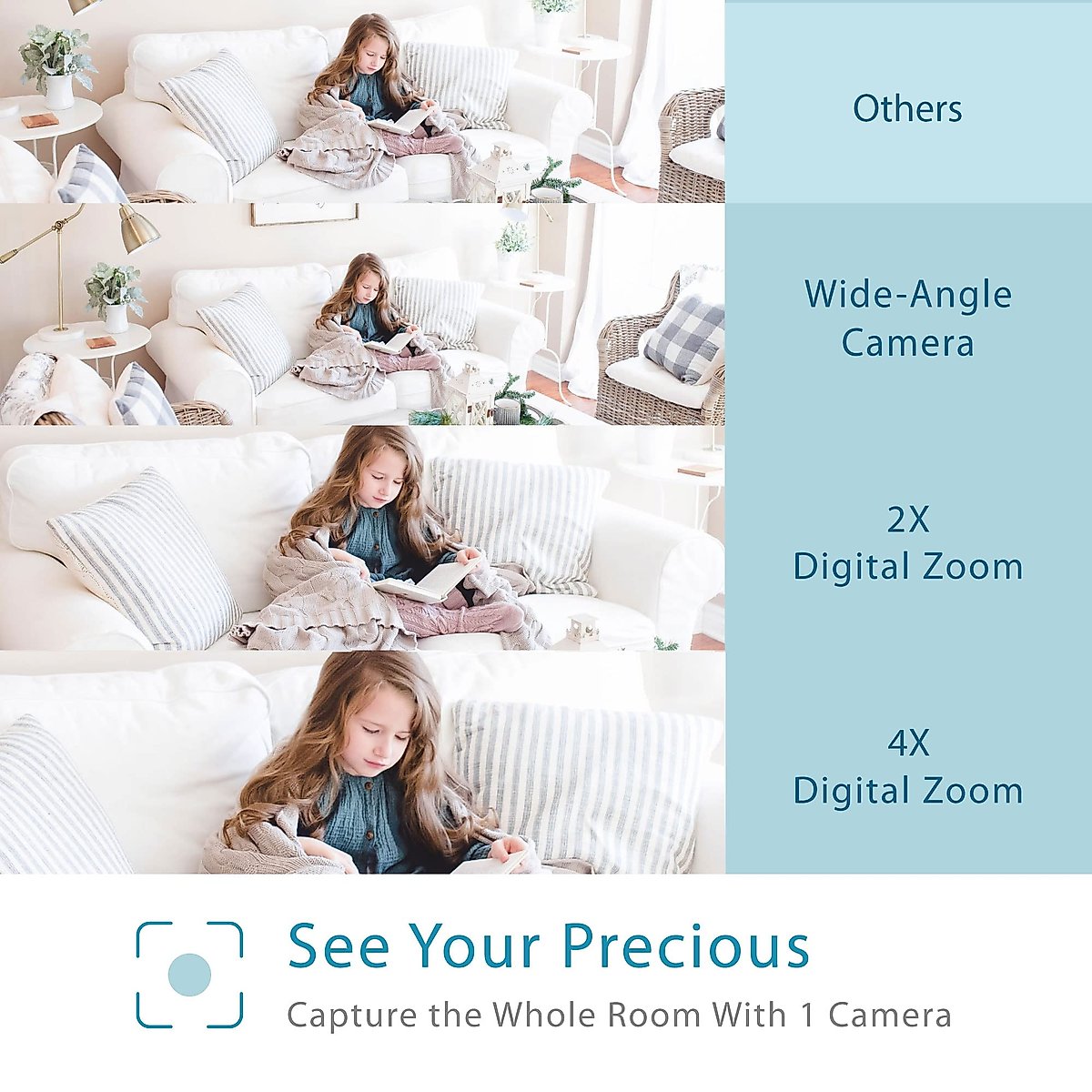 Moonybaby 5" HD A.N.R. (Auto Noise Reduce) Baby Monitor with Camera and Audio, Model: QuadView 30, No WiFi, 20 Days Battery Life in ECO Mode, Long Range, 2-Way Audio, Lullaby, Room Temperature Display