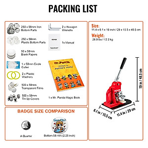 VEVOR Button Maker Machine 2.25in 58mm Button Badge Maker Punch Press Machine with 500 Pcs Circle Button Parts and Circle Cutter (58MM 500P)