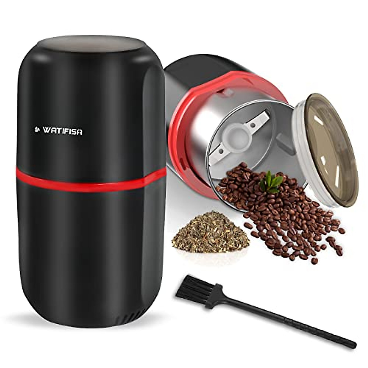 Watifisa Herb Grinder Electric Spice Grinder with Cleaning Brush, Herb Spice Coffee Grinder with Large Capacity - for Herbs, Fine Leaves, Peanuts, Pepper Beans, Mushrooms & Grains (Black)