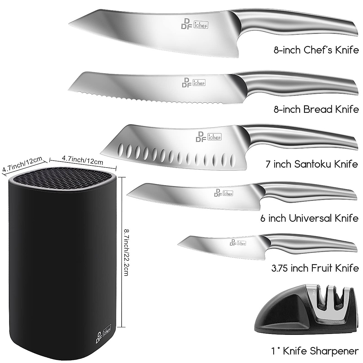 DDF iohEF Kitchen Knife Set with Block, 7 Piece Premium High Carbon Stainless Steel Knives Set with Knife Sharpener, Ultra Sharp Knife Block Set