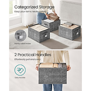 SONGMICS Storage Baskets, Set of 3 Fabric Storage Bins, 15.7 x 11.8 x 9.5 Inches, Foldable Closet Organizer for Shelves, 2 Handles, Label Holders, for Bedroom, Living Room, Cattail Gray UROB440G01