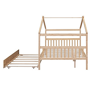 Quarte Full Size Wooden House Bed with Twin Size Trundle,Wooden Daybed Tent Bed for Kids Boys Girls Bedroom,Can be Decorated (Natural/House6)