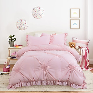 HOMBYS Pink Bedding Comforter Set for Girls, 3 Piece Blush Pinch Pleat Comforter Set with Ruffles for All Season，Twin Size