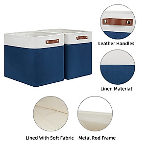 HNZIGE Storage Baskets for Organizing, Set of 2, Foldable Storage Bins Navy Blue Tall Baskets for Shelves, Canvas Collapsible Storage Bins with Handles for Storage Closet Linen(White Blue)