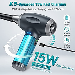【Brushless Motor 120000RPM】KACNON Compressed Air Duster, 3-Gear Dust Blower Electric Air Duster for Computer Cleaning, 15W Fast Charging, LED Light & 4 Battry Indicator, 7500mAh Replace Air Cans