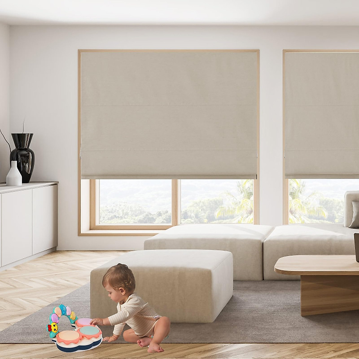 Beige Grey Roman Shades for Windows, Premium Fabric Blackout Roman Shades Window Blinds for Doors, French Doors, Bathroom, Kitchens