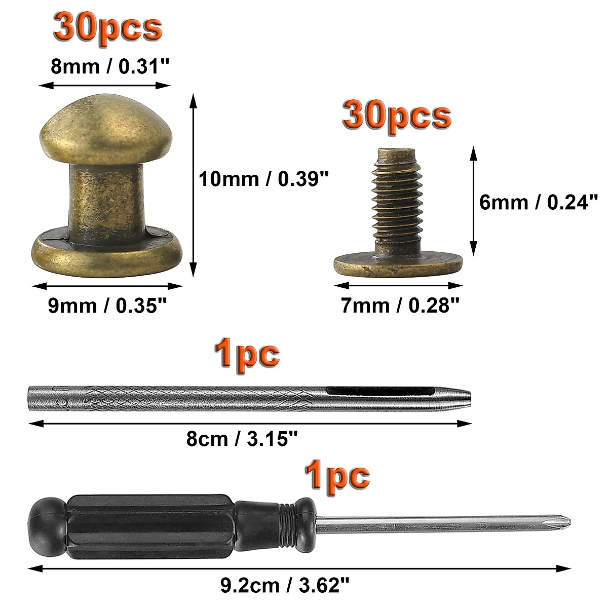 YORANYO 30 Sets 8MM Round Head Button Stud for Leather Chicago Screws Spikes and Stud Leather Rivets Screws Button Rivets for Repair and Decorate Clothing Shoes Belts Bags Dog Collars (Bronze)